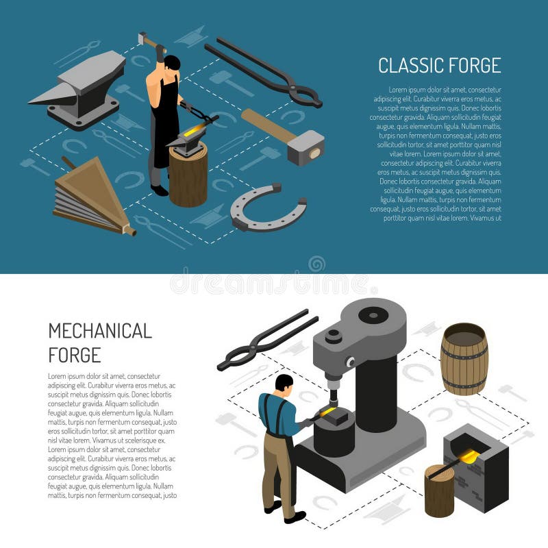 Blacksmith in Classic and Mechanical Forge Isometric Horizontal Banners ...