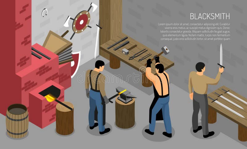 Blacksmith Craft Isometric Composition with Masters in Work Shop ...
