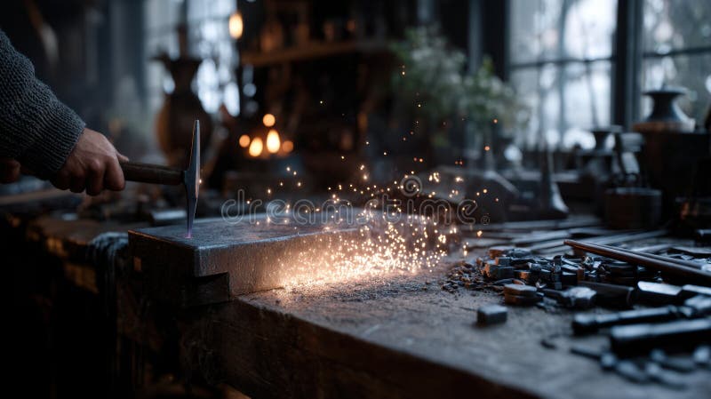 Blacksmith Crafting Metal with Sparks Flying in Workshop Stock ...