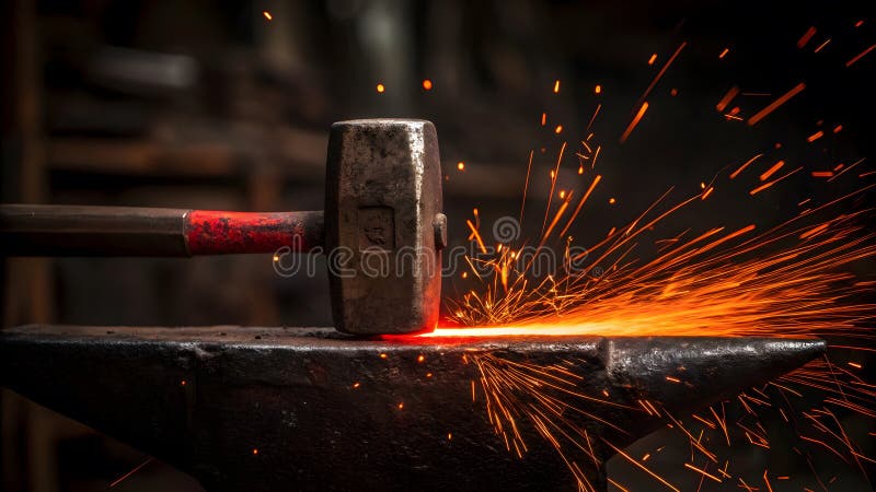 Blacksmith Creates Sparks while Forging Metal at the Anvil in Workshop ...