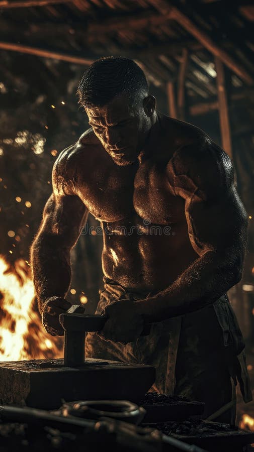 Blacksmith in a Dimly Lit Forge, Hammering Hot Metal on an Anvil, Fire ...