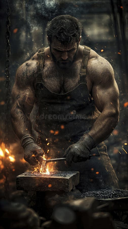 Blacksmith in a Dimly Lit Forge, Hammering Hot Metal on an Anvil, Fire ...