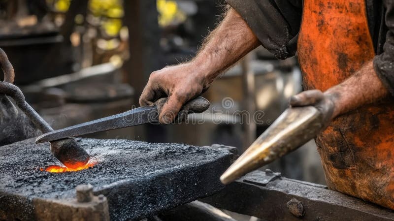 Focused Male Blacksmith Skillfully Shaping Metal in Workshop Stock ...
