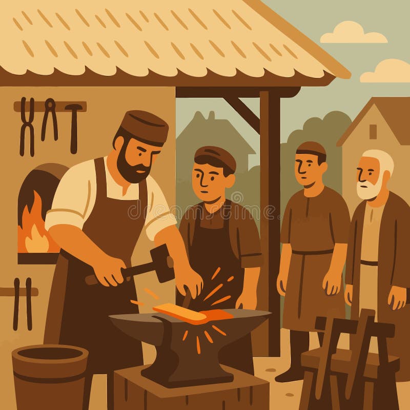 Blacksmith Forging Metal with Apprentice in Village Workshop Scene ...