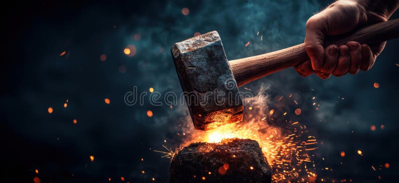 Blacksmith Forging Metal with Hammer, Sparks Flying, Intense Heat ...