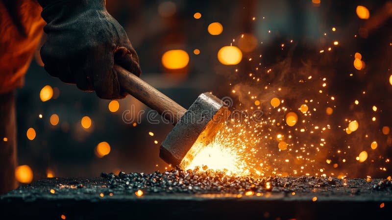 Blacksmith Forging Metal with Hammer and Sparks Flying. Stock Image ...