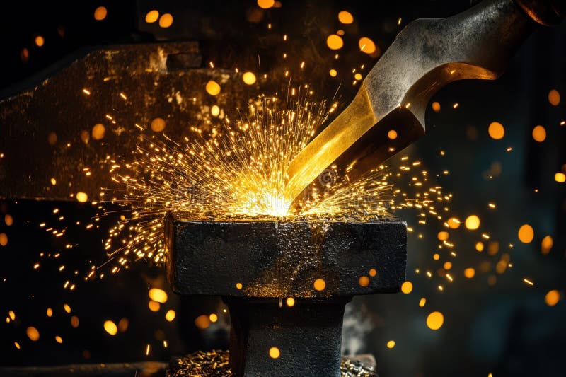 Blacksmith Forging Metal with Sparks Flying in a Workshop during the ...