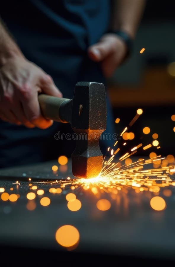 Blacksmith Hammering Metal and Creating Sparks in Workshop Stock Photo ...