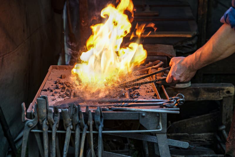 Blacksmith Holding a Workpiece in the Blazing Coal Fire on the Forge To ...