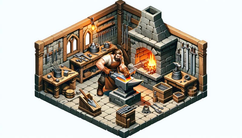 Blacksmith in Medieval Workshop Forging Metal with Traditional Tools ...