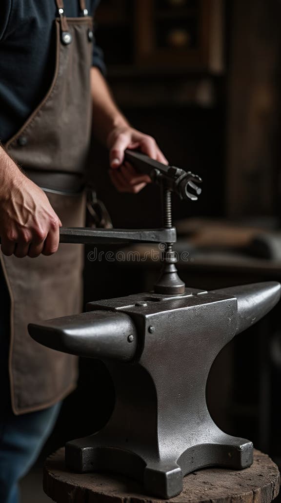 Blacksmith Operating a Traditional Anvil in a Rustic Workshop Setting ...