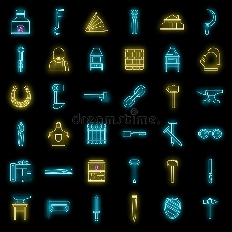 Blacksmith Tools Icons Set Vector Neon Stock Vector - Illustration of ...