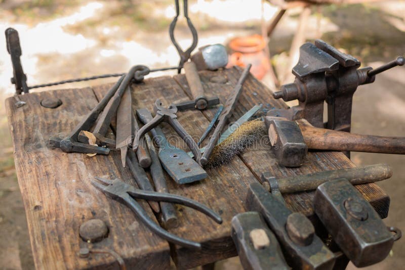 Blacksmith Tools and Instruments at Outdoor Forge, Workshop - Close Up ...