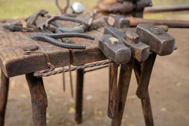 Blacksmith Tools and Instruments at Outdoor Forge, Workshop - Close Up ...