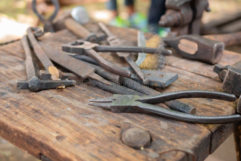 Blacksmith Tools and Instruments at Outdoor Forge, Workshop - Close Up ...