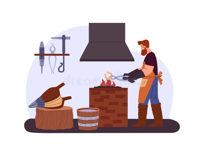 Blacksmith Wearing Leather Apron and Gloves Heating Horseshoe in Fire ...