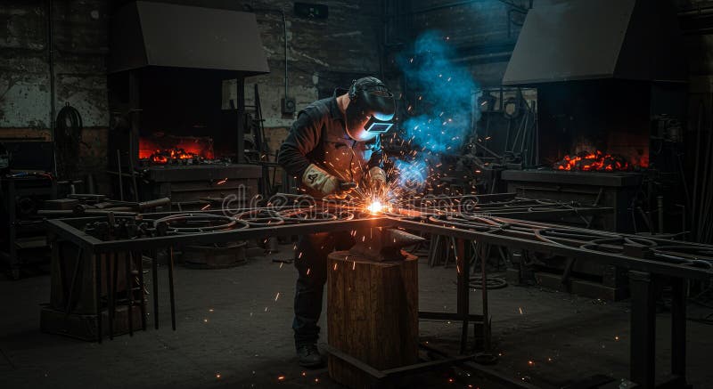 Blacksmith Welding Metal Gate in Rustic Industrial Workshop Stock ...