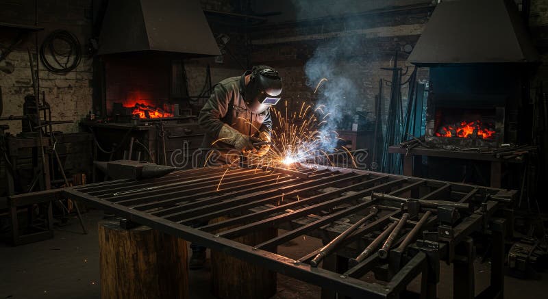Blacksmith Welding Metal Gate in Rustic Industrial Workshop Stock ...