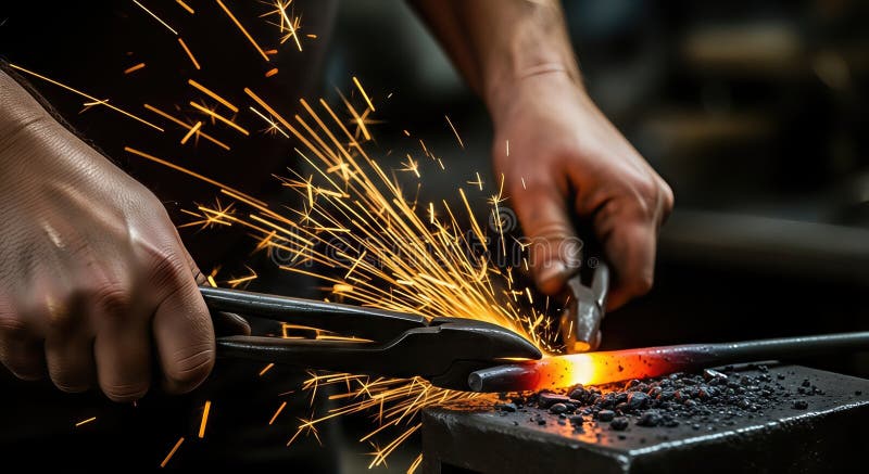 Blacksmith at Work: Forging Metal with Molten Iron and Flying Sparks Stock Image - Image of ...