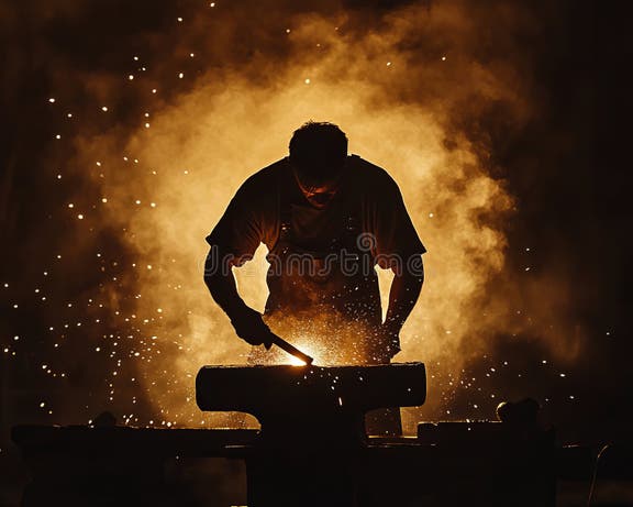 Blacksmith Working on Anvil, Surrounded by Sparks and Smoke, Creates ...