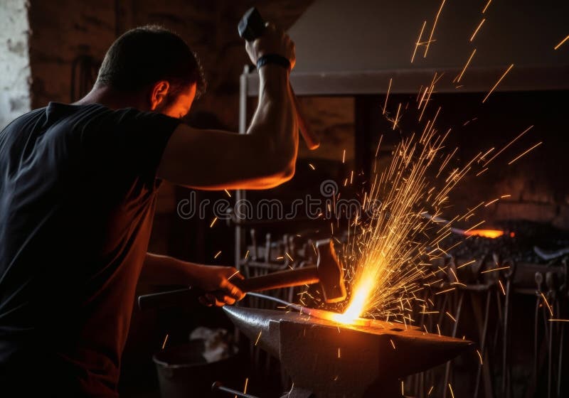 Blacksmith Hammering Glowing Iron in Forge Stock Illustration ...