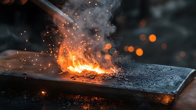 Blacksmith Working with Fire, Creating Sparks and Glowing Embers Stock ...
