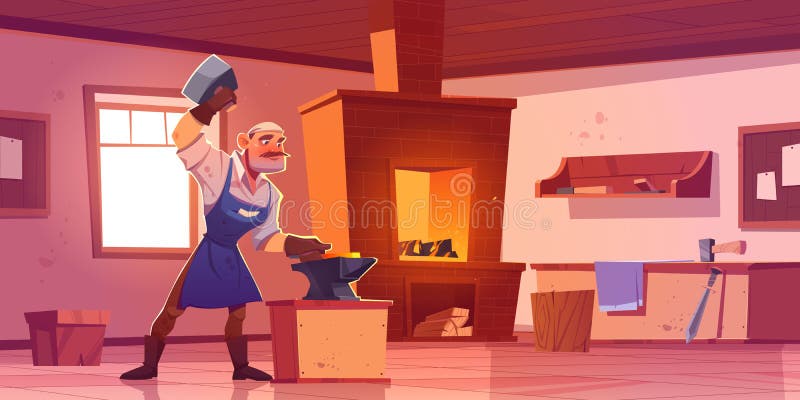 Blacksmith Works with Hammer and Anvil in Forge Stock Vector ...