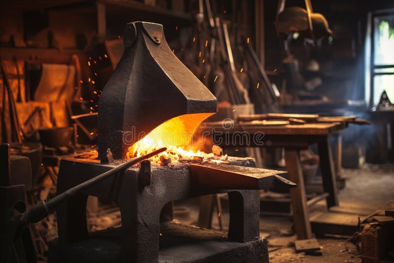 Blacksmith Workshop Anvil with Fire and Flash Sparkles. Generative AI ...