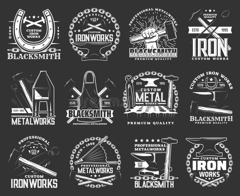 Blacksmith Workshop, Iron and Metal Works Icons Stock Vector ...
