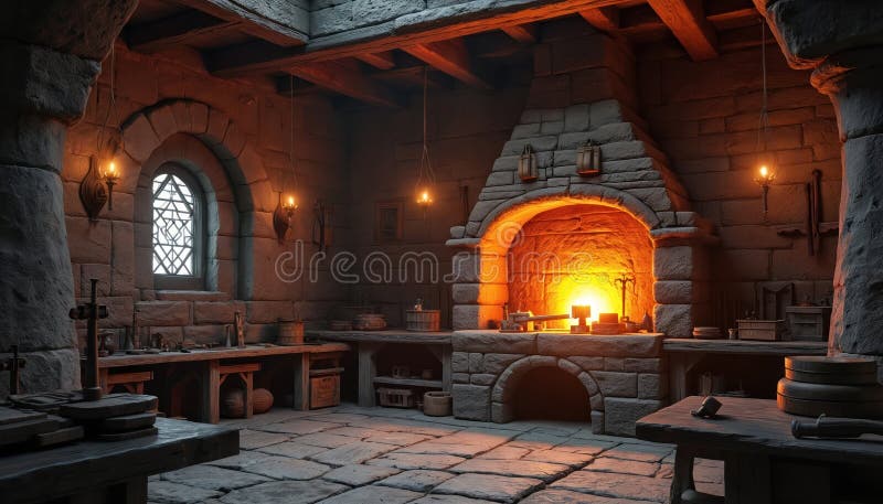 Blacksmith Workshop with Stone Forge, Anvil, Tools. Mediaeval Interior ...