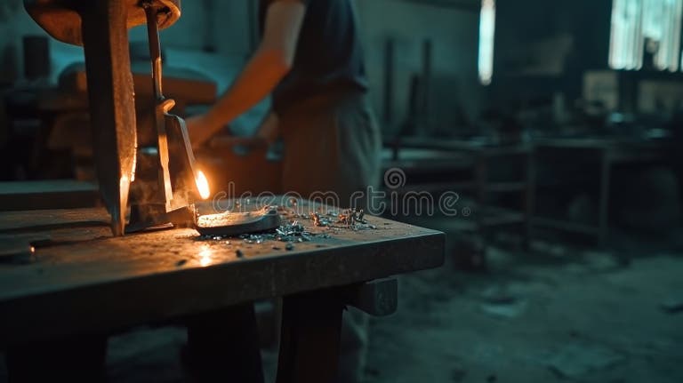 Focused Male Blacksmith Skillfully Shaping Metal in Workshop Stock ...