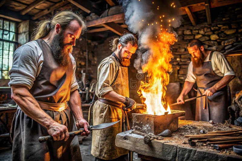 Blacksmiths Collaborating in a Mythical Forge, Crafting Legendary ...
