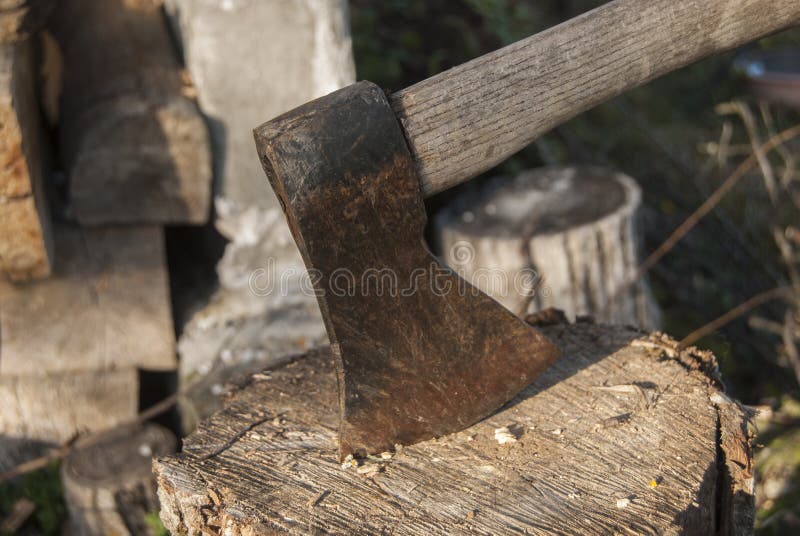 Blade of ax stock image. Image of wooden, metal, weathered - 208395489