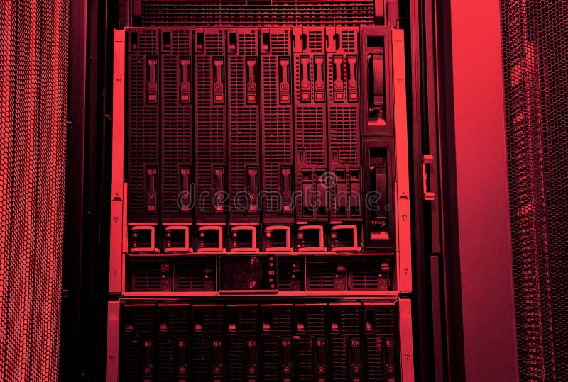 Big Data Server Cloud Hardware in Red Light Close-up in Series of ...