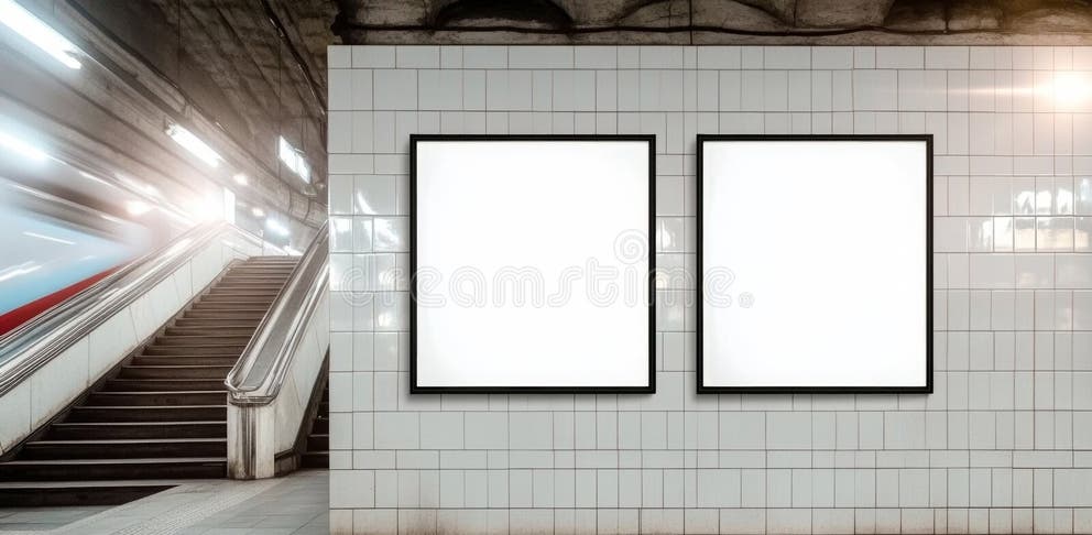 Blank Advertisement Frames Mockup in Subway Tunnel with Moving Train ...