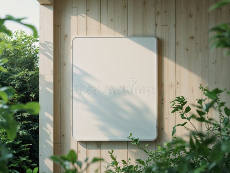 Blank Advertising Board on Modern Wooden Wall with Greenery Stock Image ...