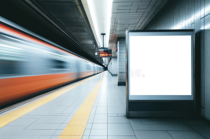 Blank Advertising Board on Subway Platform with Motion Blur Train Stock ...