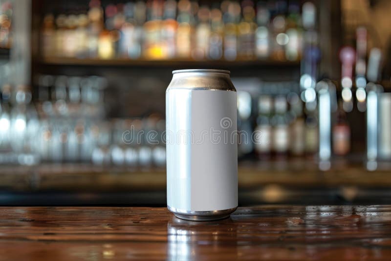 Blank Aluminum Can on Bar Counter with Blurry Background Stock Photo ...
