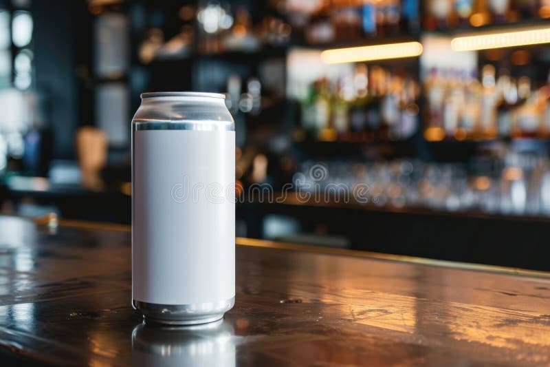 Blank Aluminum Can on Bar Counter with Blurry Background Stock Image ...