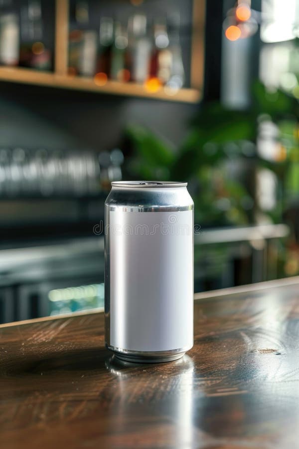 Blank Aluminum Can on Bar Counter with Blurry Background Stock Photo ...