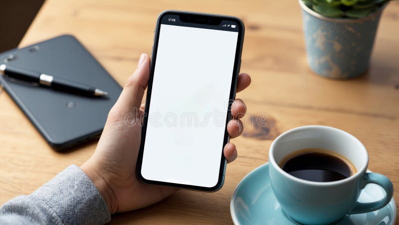 Blank App Interface Mockup on a Smartphone in a Casual Setting Stock ...
