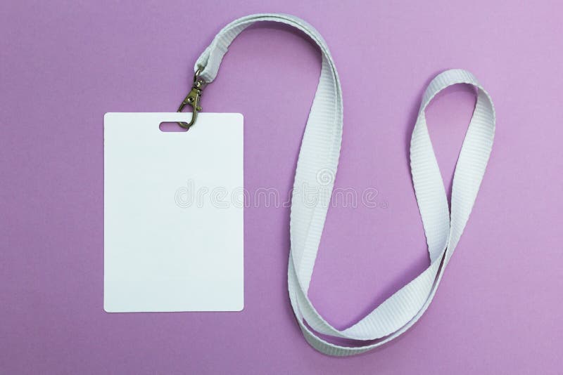 Blank Badge Mockup Isolated on Purple. Plain Empty Name Tag with String ...