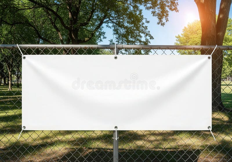 Blank Banner Hanging on Chain Link Fence in Sunlit Park Stock Photo ...
