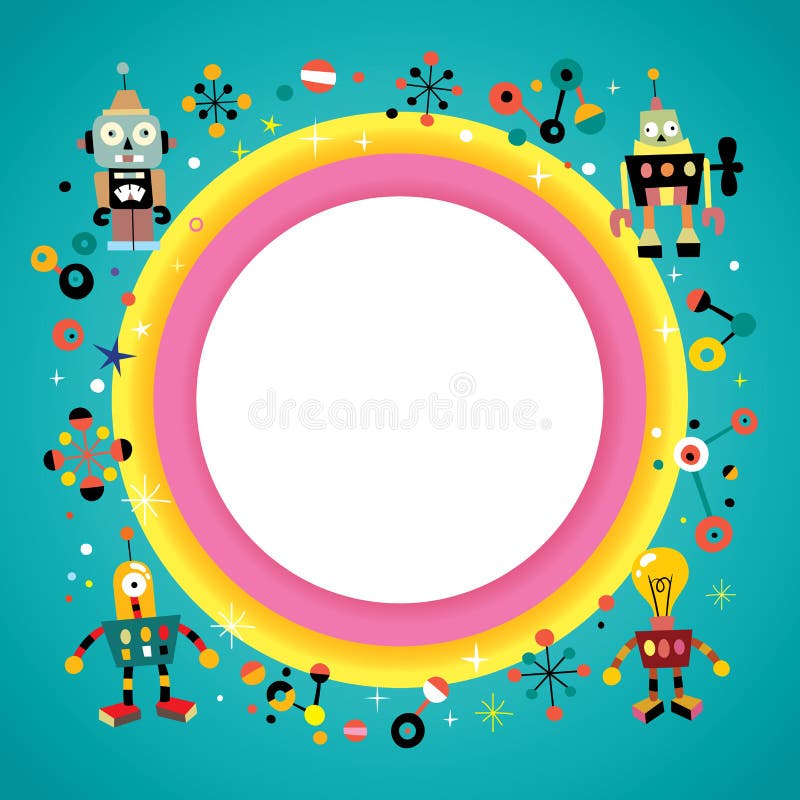 Blank Banner Round Frame Border with Robots Stock Vector - Illustration ...