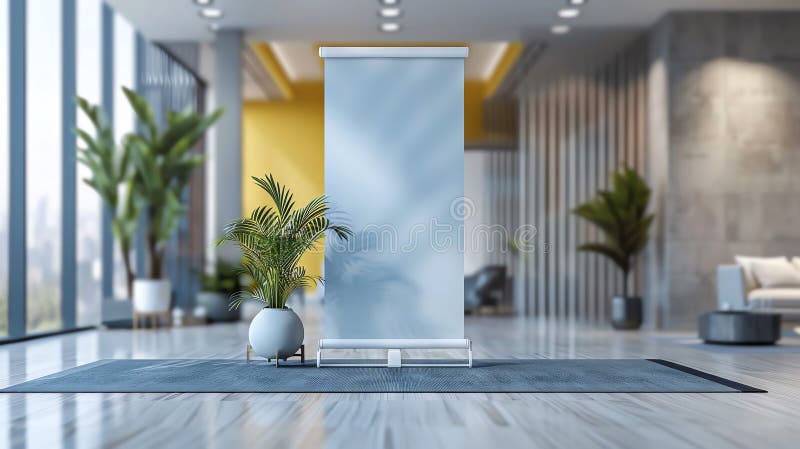 Blank Banner Stand in a Modern Office Lobby with Plants and a Rug Stock ...
