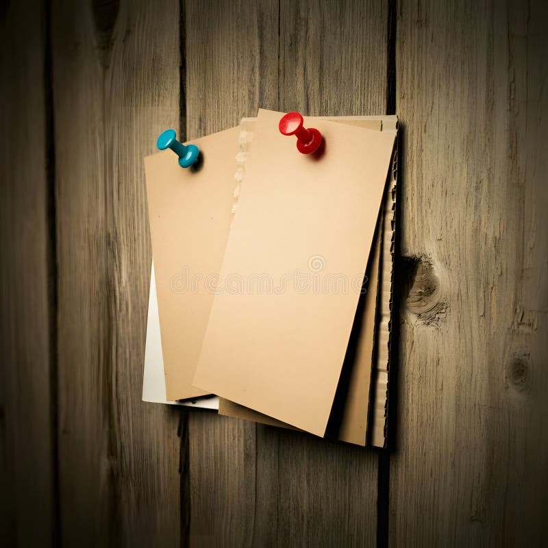 Blank Beige Cards Pinned with Thumbtacks on Rustic Wooden Wall Stock ...