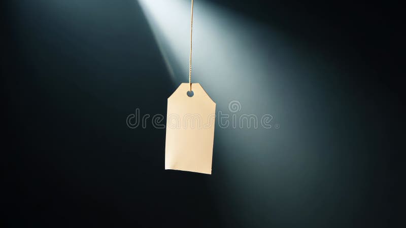 Blank Beige Label Dangling from Thin String, Illuminated by Dramatic ...