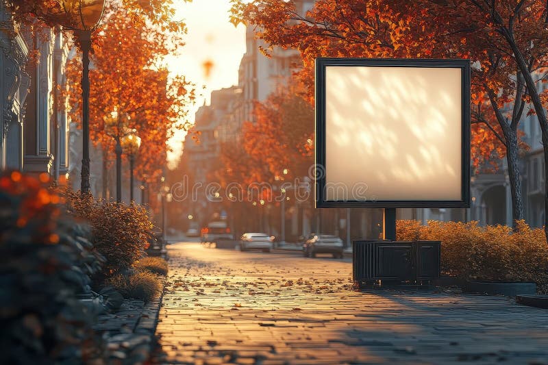 Blank Billboard in Autumn City Street, Sunlight, Shadow, Fall Foliage ...