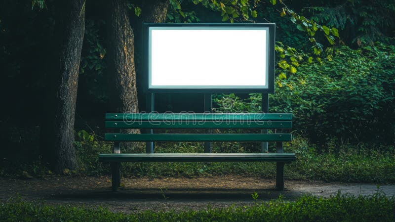 A Blank Billboard beside a Bench in a Park at Night Stock Illustration ...