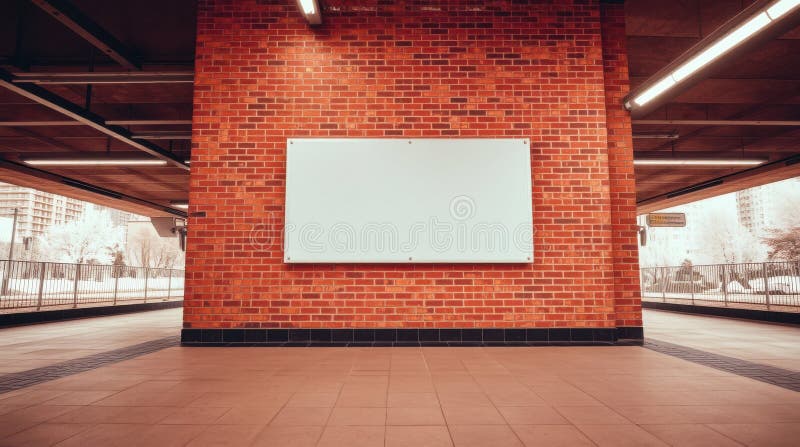 Blank Billboard on Brick Wall in an Empty Train Station Hall with ...